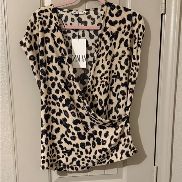 Zara | Tops | Zara Leopard Print Wrap Blouse Black And Cream | Poshmark